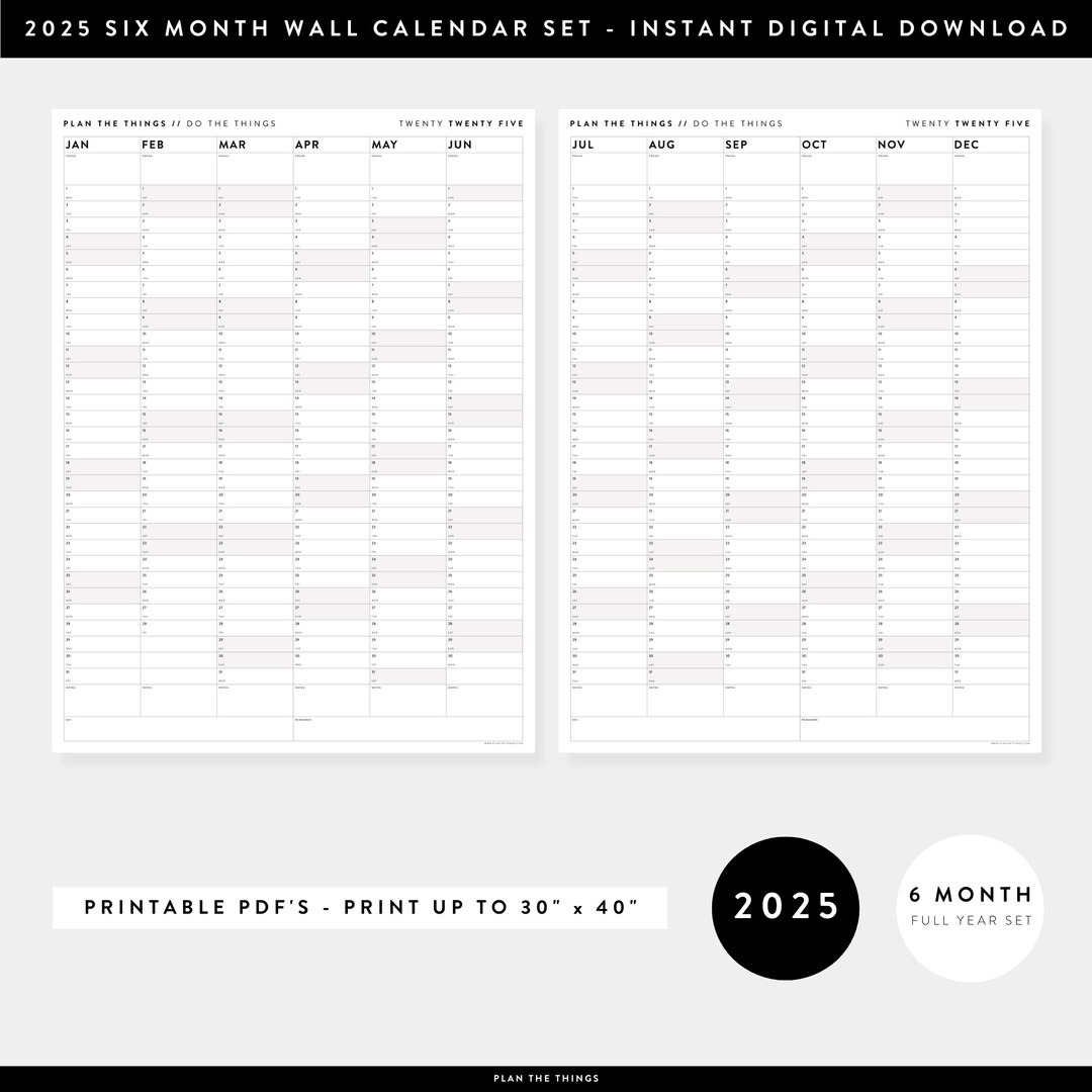 PRINTABLE Six Month Giant Wall Calendar SET 2025 | Half Year Planner ...