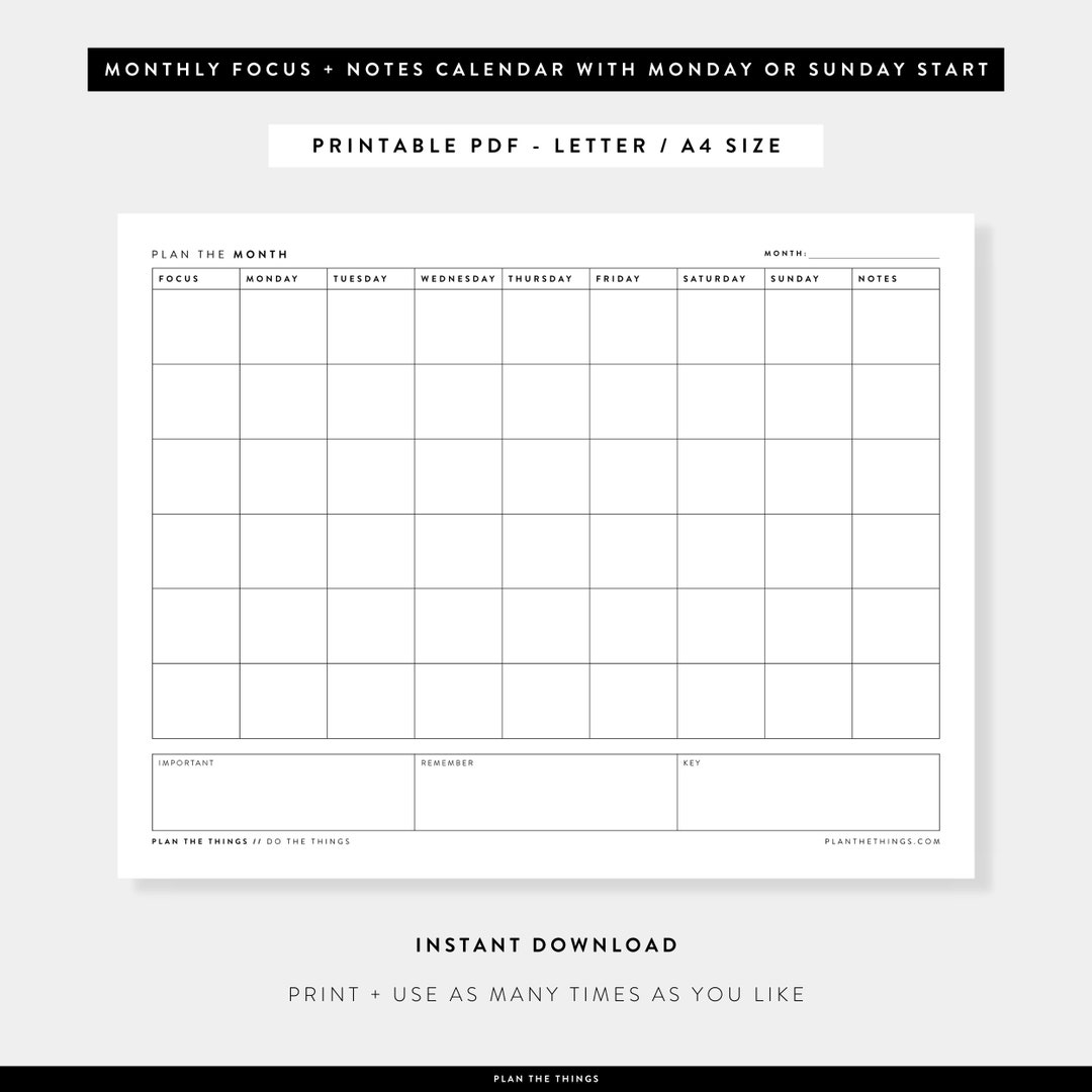 Monthly Focus + Notes Undated Planner Printable | Monthly Overview ...