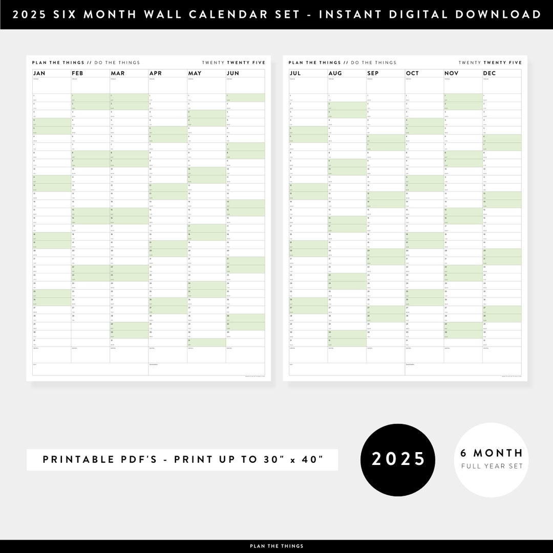 PRINTABLE Six Month Giant Wall Calendar SET 2025 | Half Year Planner ...
