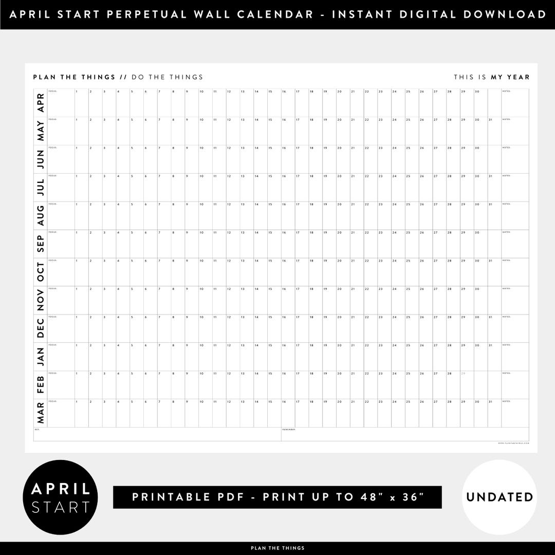 PRINTABLE April Start Undated Perpetual / Forever Annual Wall Calendar ...
