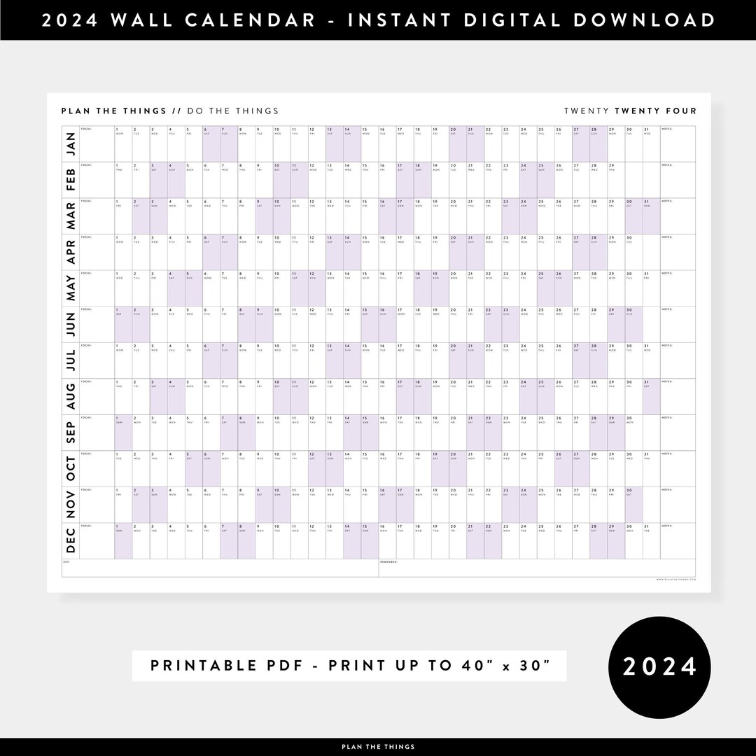 PRINTABLE 2024 Wall Calendar Digital PDF Instant Download 2024 Wall