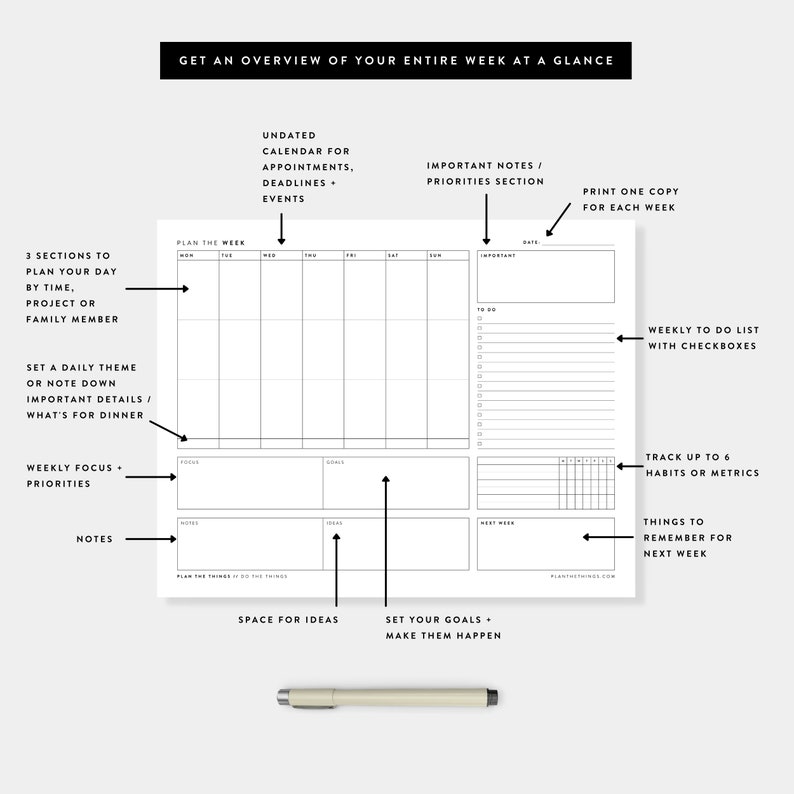 Week at a Glance Printable Weekly Dashboard Weekly - Etsy