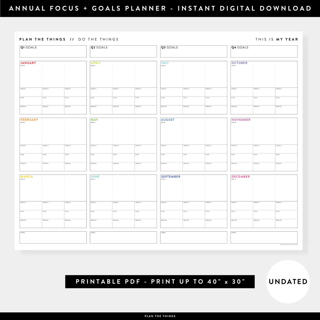 PRINTABLE Undated Focus + Goals Annual Wall Planner | Digital PDF ...