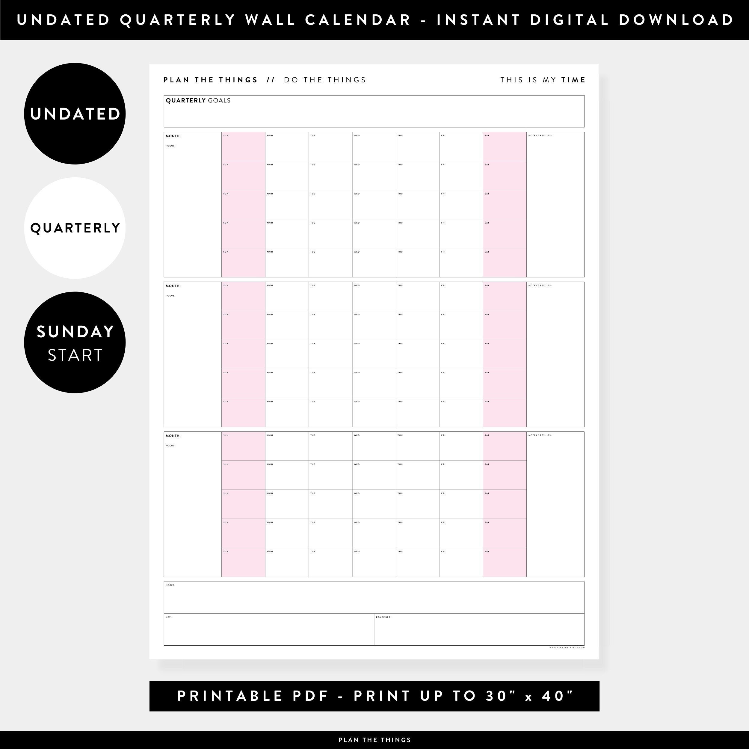 PRINTABLE Undated Quarterly Wall Calendar Sunday Start - Etsy