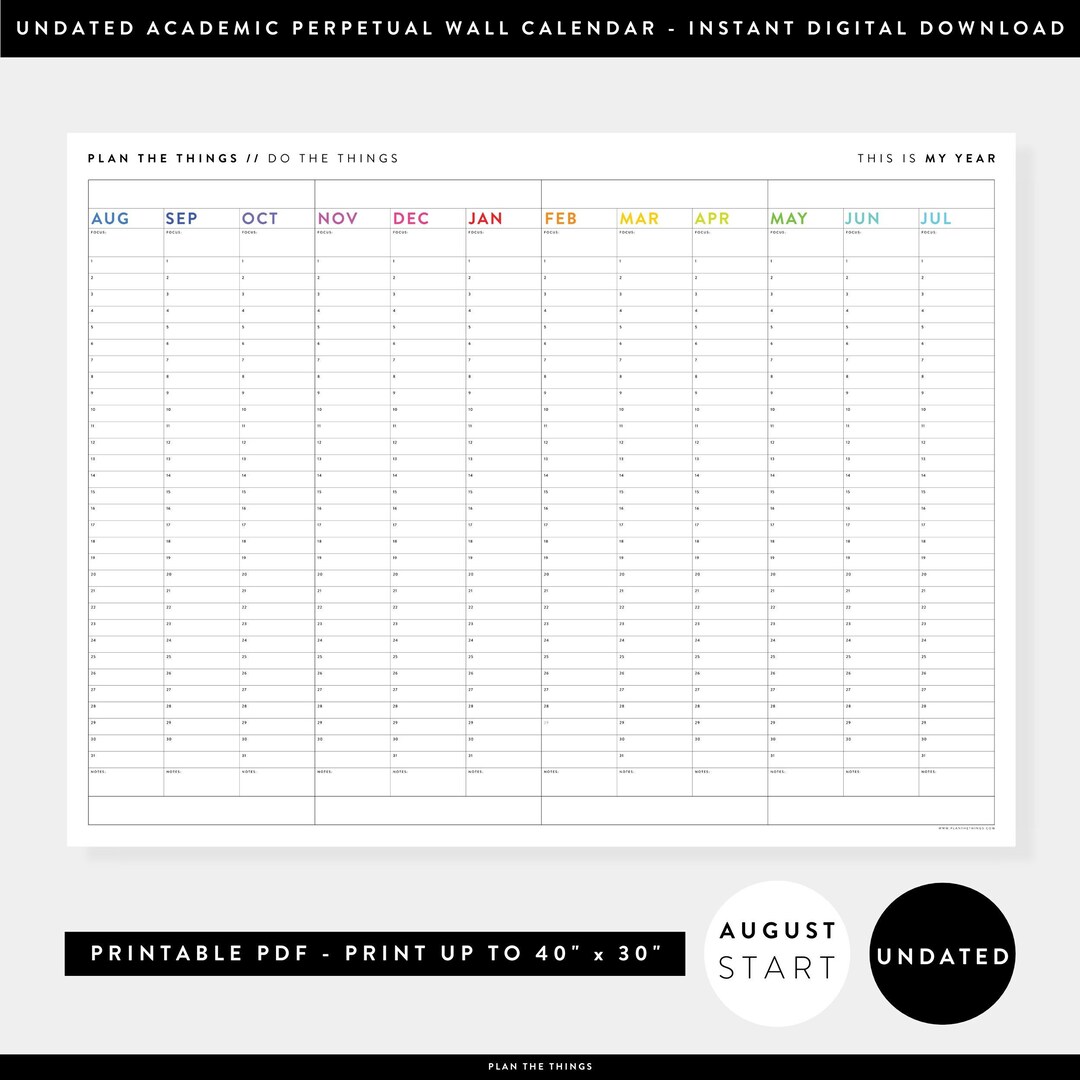 PRINTABLE August Start Undated Perpetual Academic Wall Calendar ...