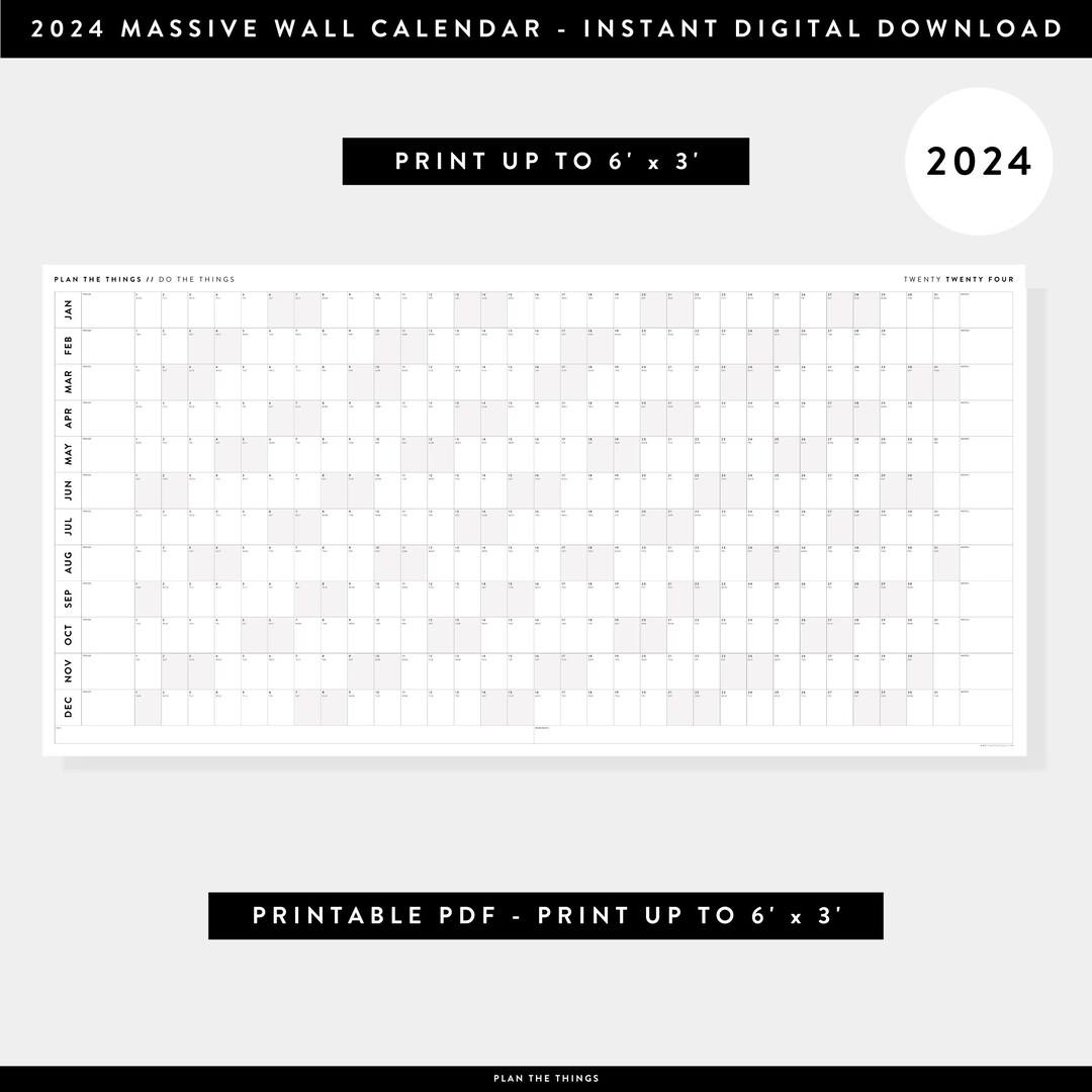 PRINTABLE 6' X 3' Massive 2024 Annual Wall Calendar Digital PDF Instant ...