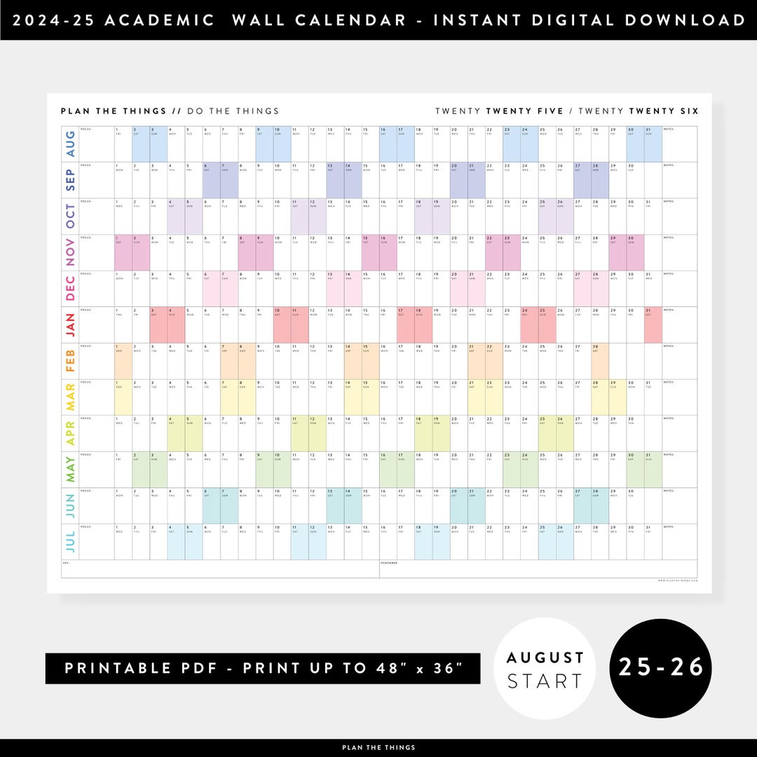 PRINTABLE 2025-26 August Start Academic Wall Calendar | PDF Instant ...