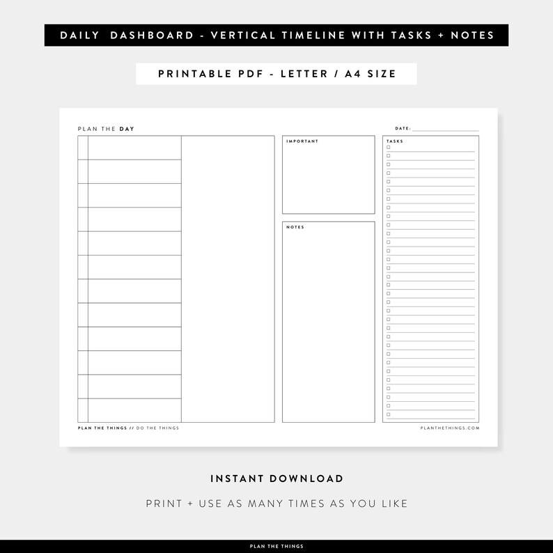 Daily Dashboard With Vertical Timeline Printable PDF Undated - Etsy