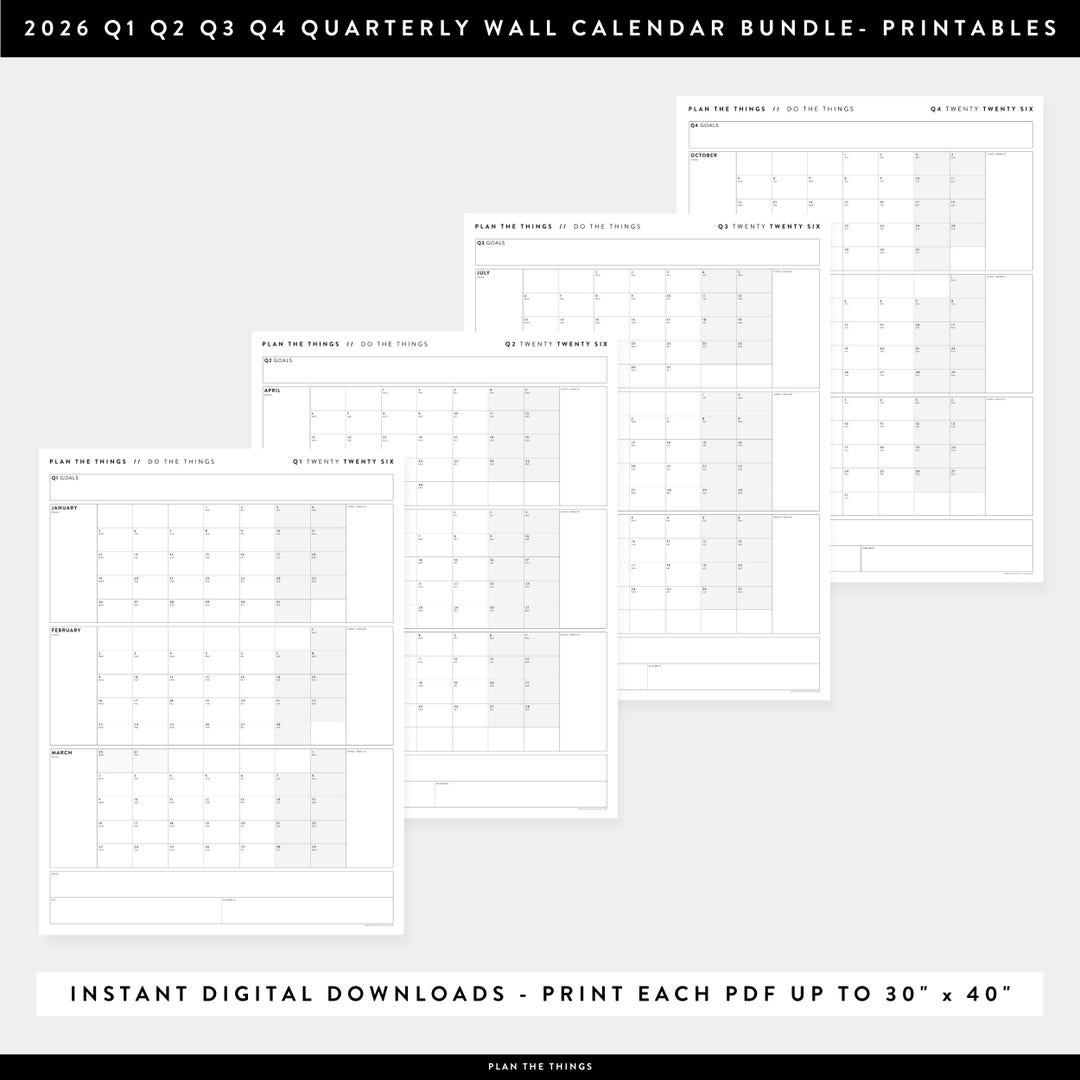 PRINTABLE 2026 Q1 + Q2 + Q3 + Q4 Gray Quarterly Wall Calendar BUNDLE ...