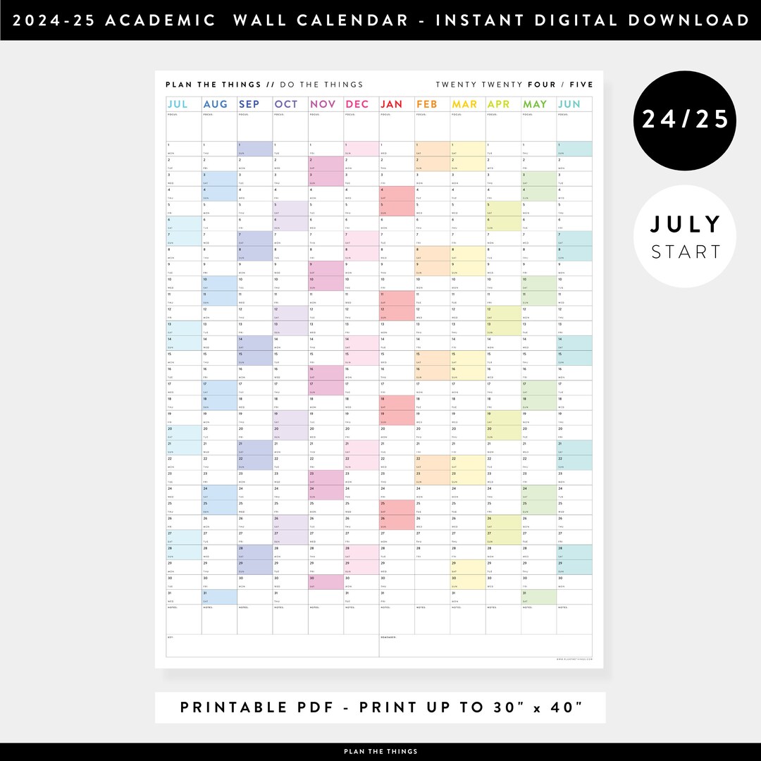 PRINTABLE 2024 2025 JULY Start Vertical Academic Wall Calendar Rainbow ...