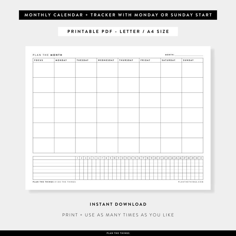 Monthly Calendar Tracker Printable Undated Monthly - Etsy