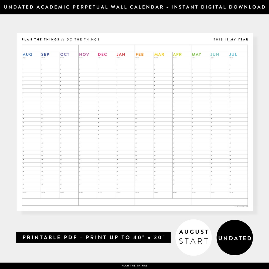 PRINTABLE August Start Undated Perpetual Academic Wall Calendar ...