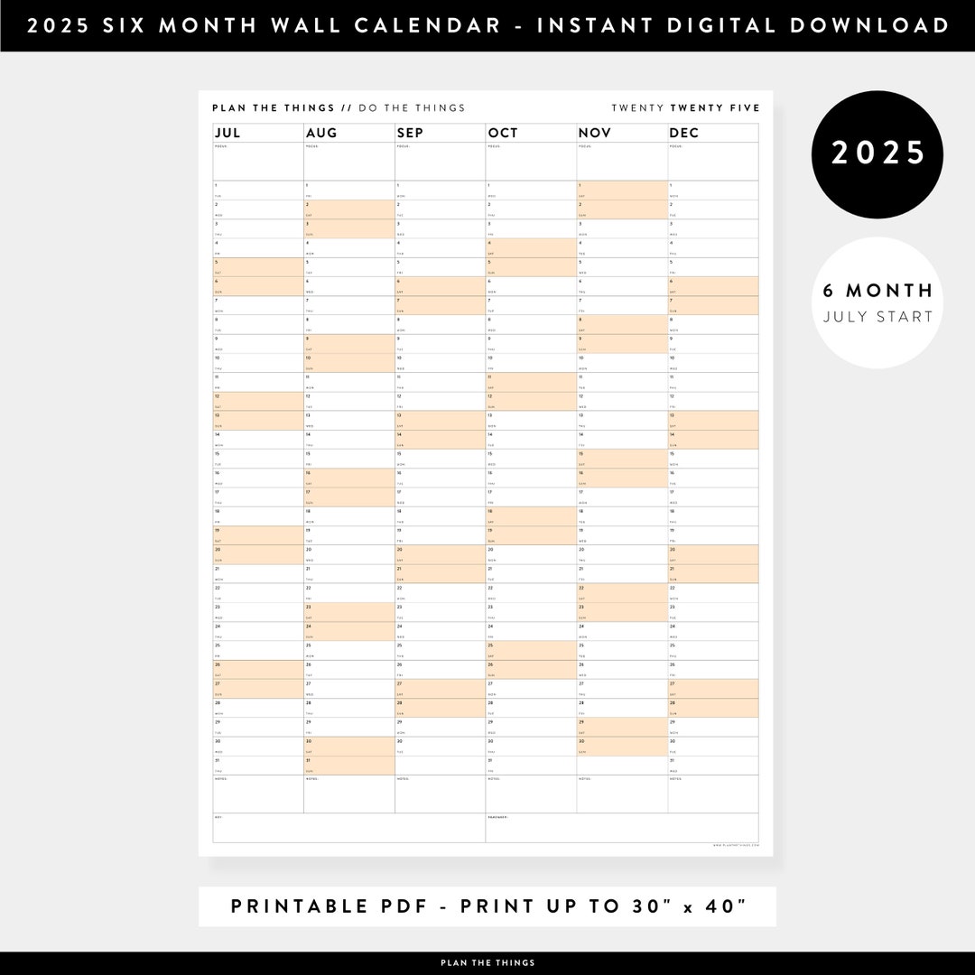PRINTABLE Six Month 2025 Giant Wall Calendar | July - December 2025 ...