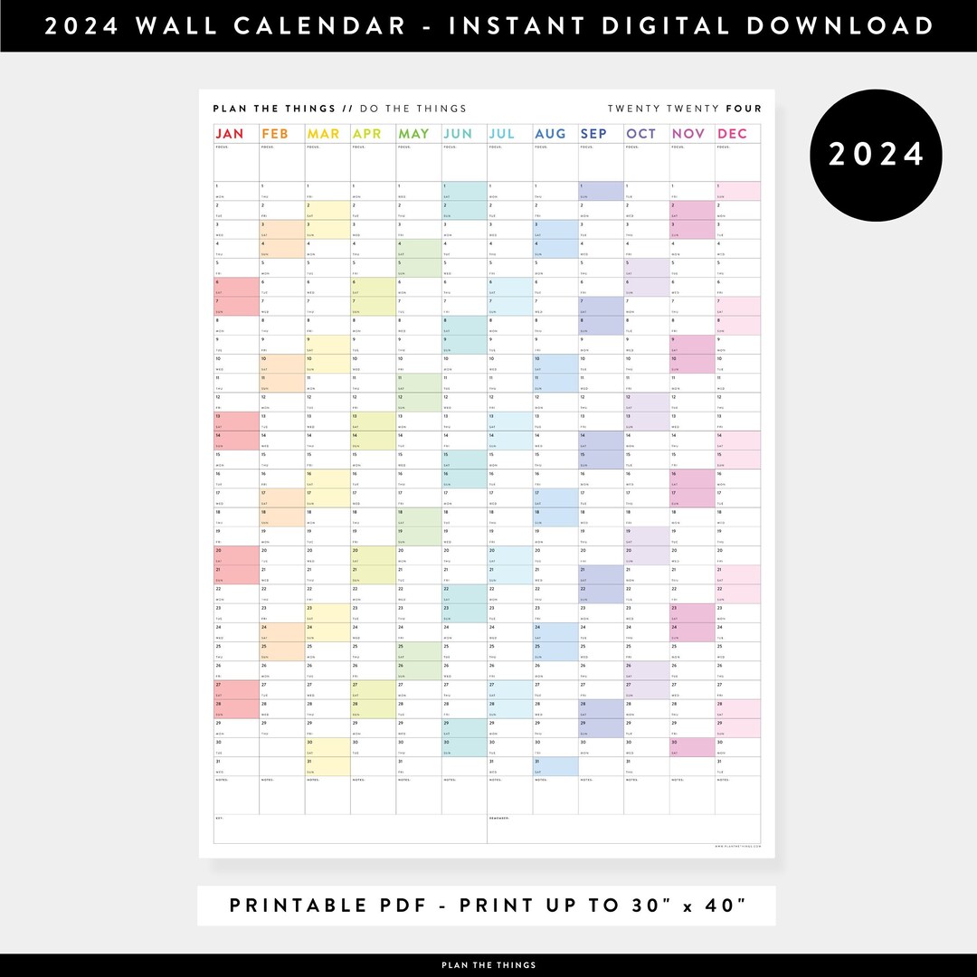 PRINTABLE 2024 Wall Calendar Digital PDF Instant Download 2024 Wall ...