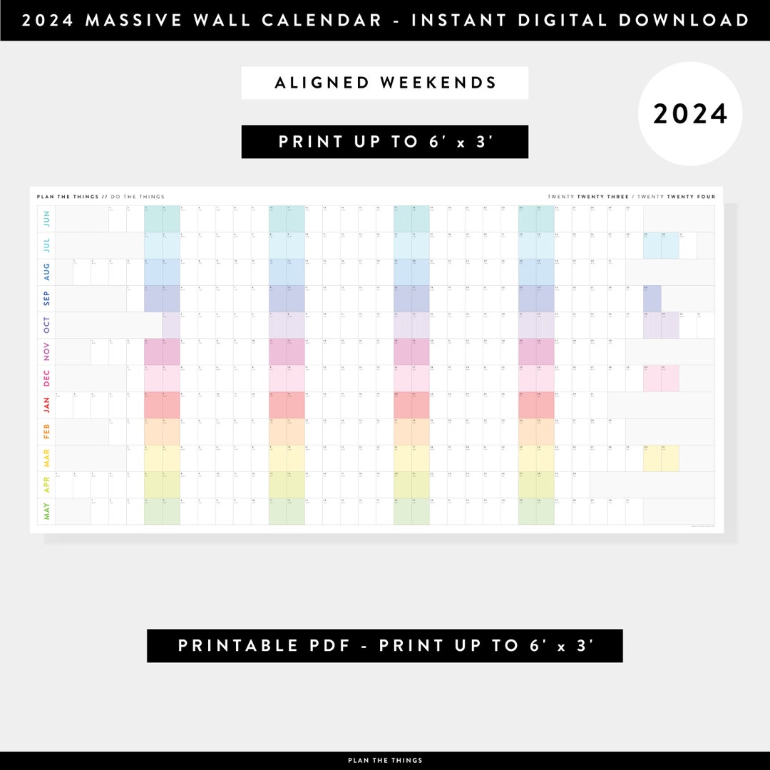 PRINTABLE 6' X 3' Massive 2024 Annual Wall Calendar ALIGNED Weekends ...