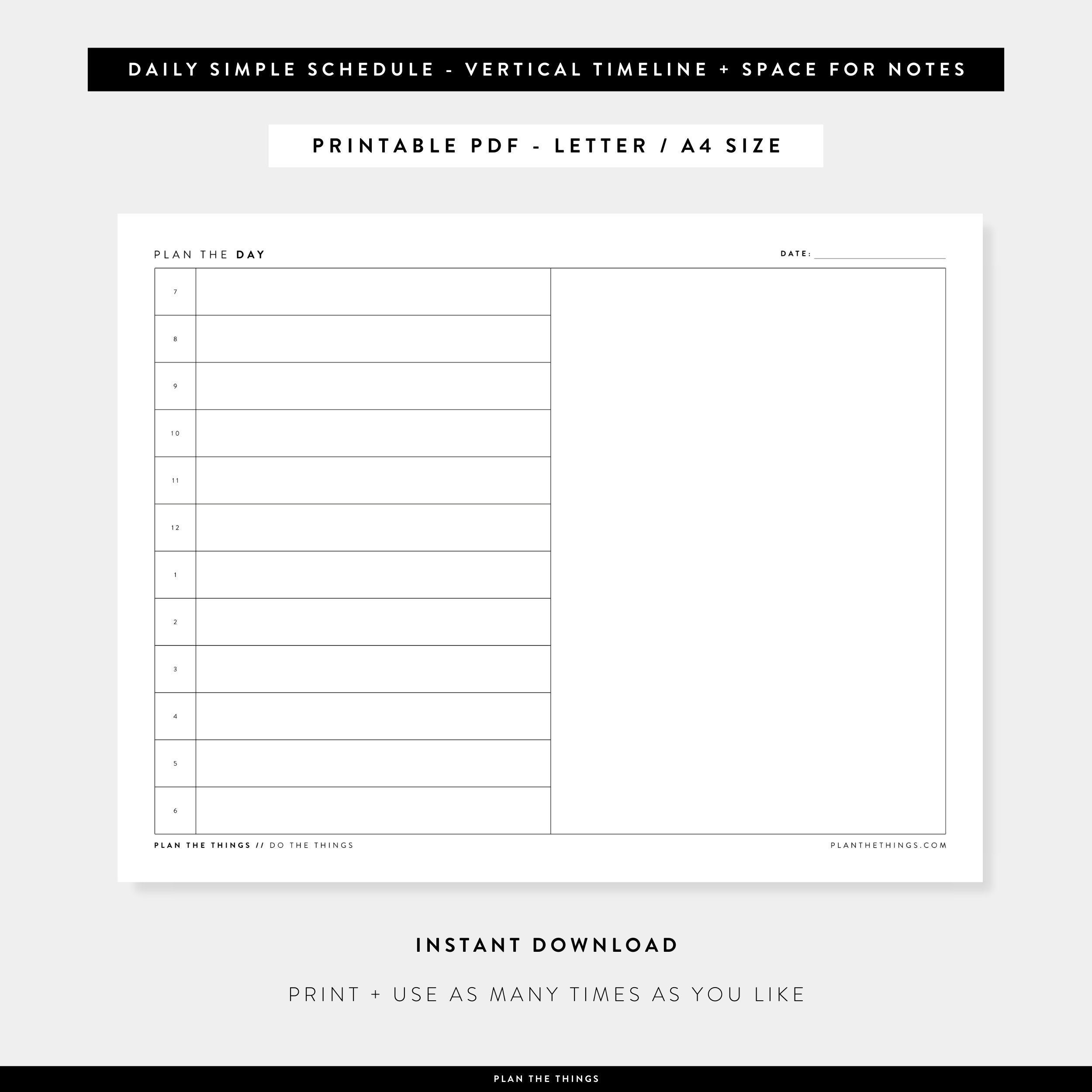 Daily Simple Schedule With Vertical Timeline Printable PDF - Etsy