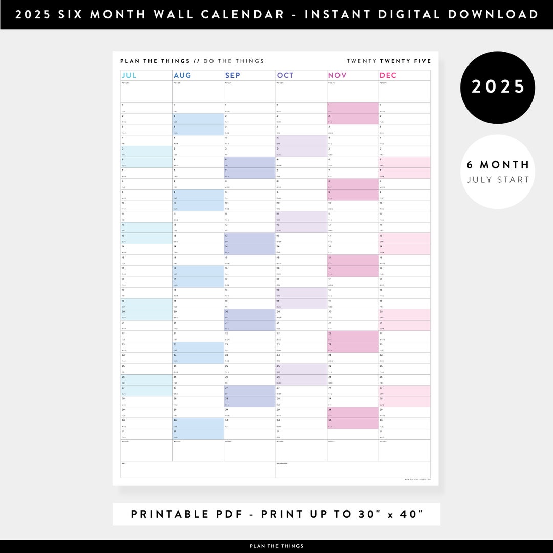 PRINTABLE Six Month 2025 Giant Wall Calendar | July - December | PDF ...
