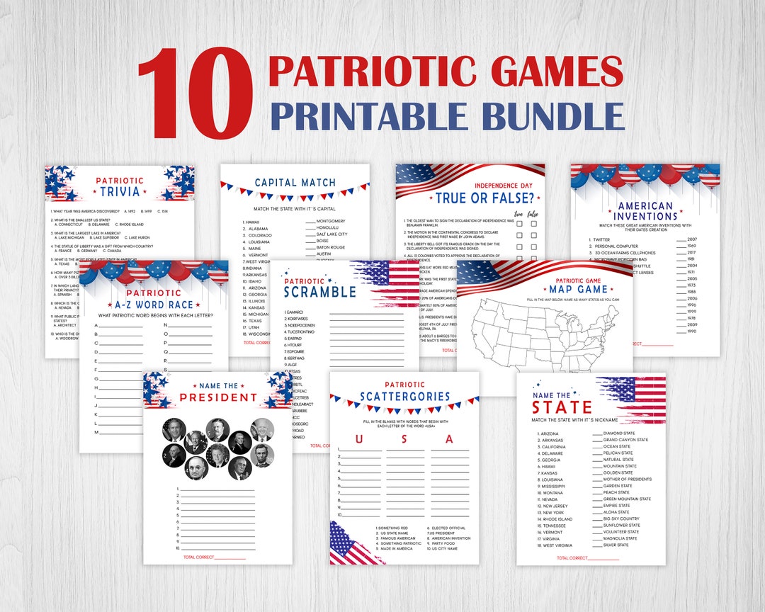 10 Patriotic Games Bundle Printable Games Pack for 4th of - Etsy