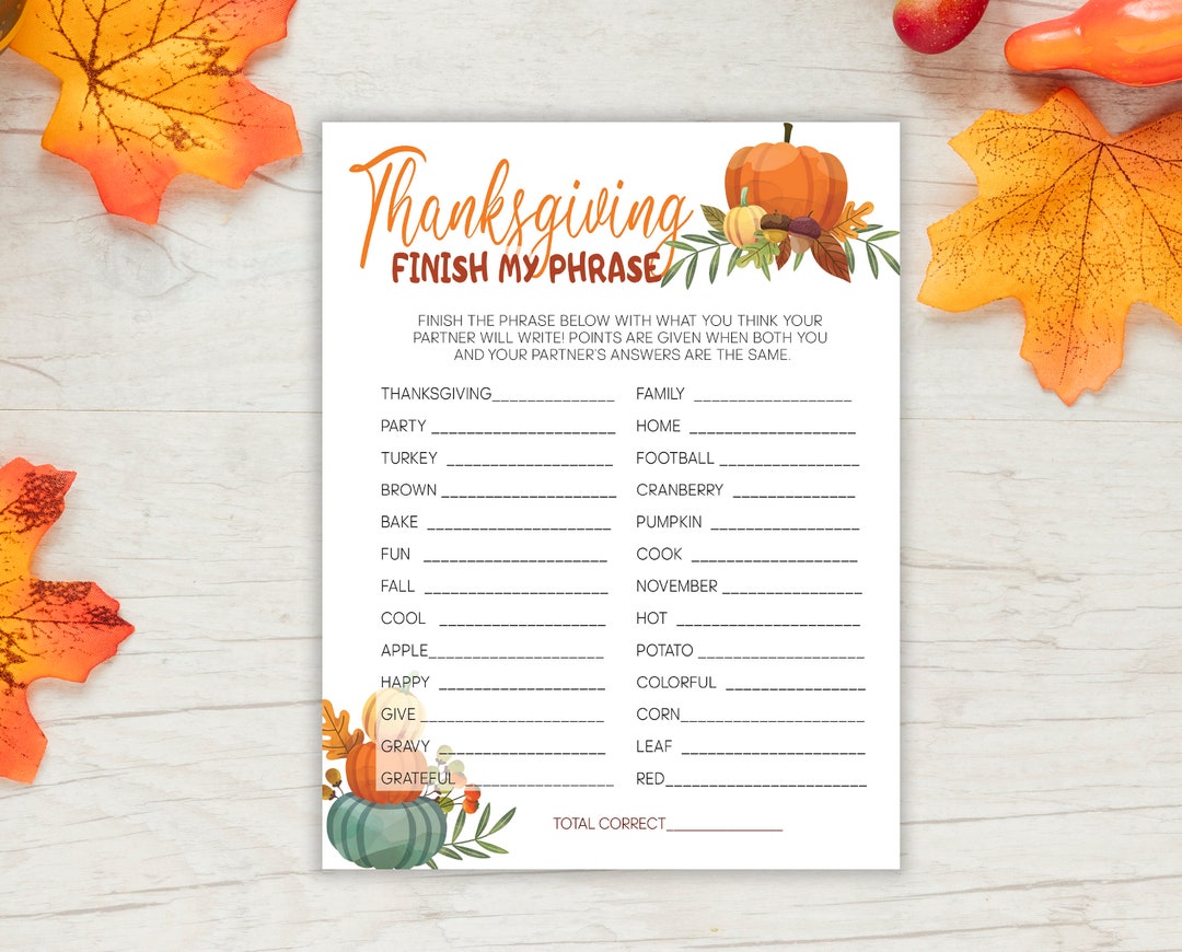 Thanksgiving FINISH MY PHRASE Party Game Instant Download Thanksgiving ...