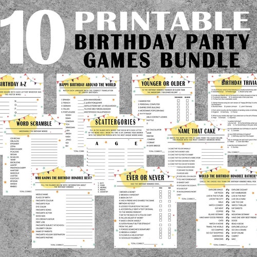10 Birthday Party Games Bundle Printable Birthday Trivia - Etsy