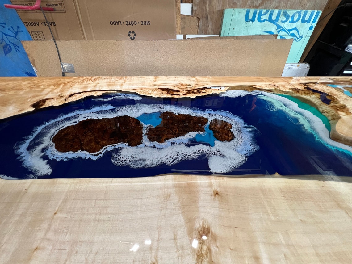 Hardwood Epoxy Resin Ocean Theme Kitchen Island Top, Countertop, Bar ...