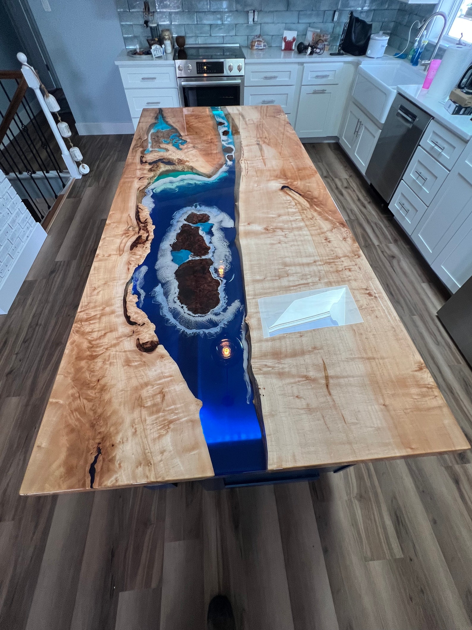 Hardwood Epoxy Resin Ocean Theme Kitchen Island Top, Countertop, Bar ...