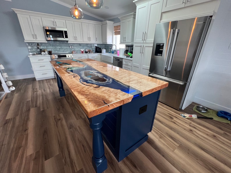 Hardwood Epoxy Resin Ocean Theme Kitchen Island Top, Countertop, Bar ...