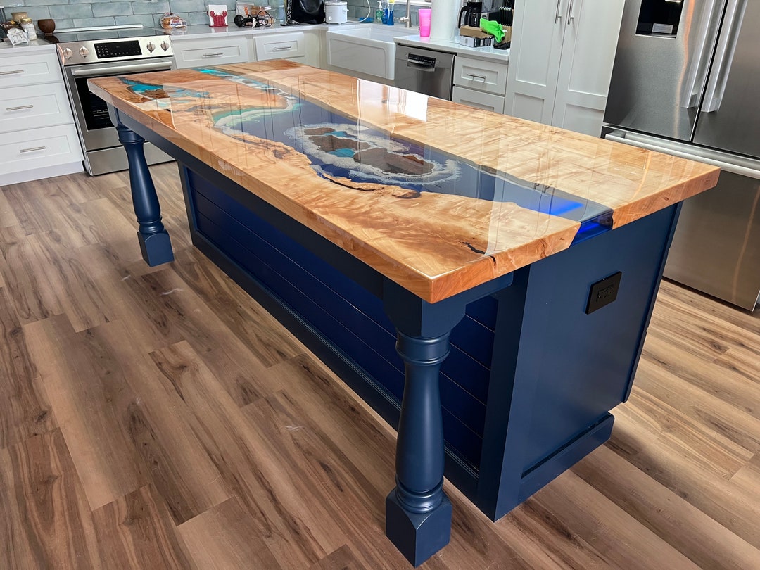 Hardwood Epoxy Resin Ocean Theme Kitchen Island Top, Countertop, Bar ...