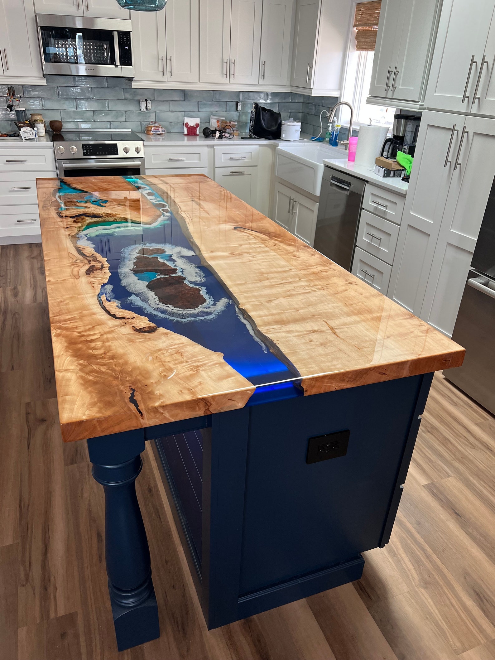 Hardwood Epoxy Resin Ocean Theme Kitchen Island Top, Countertop, Bar ...