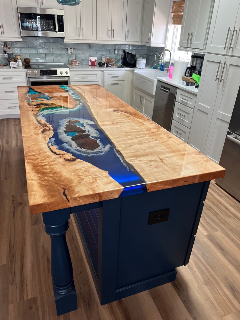 Hardwood Epoxy Resin Ocean Theme Kitchen Island Top, Countertop, Bar ...