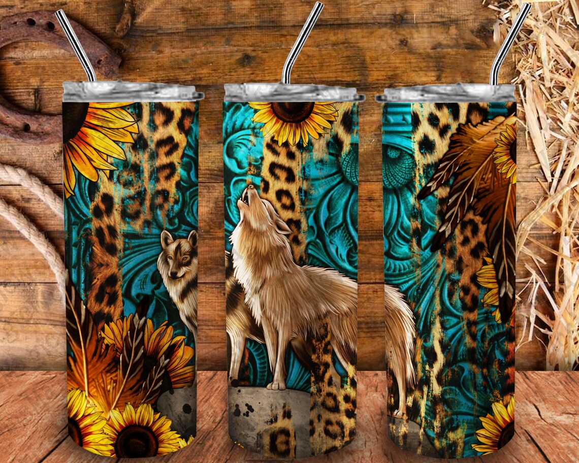 Western Sunflower Wolves 20oz Skinny Tumbler Png Sublimation - Etsy