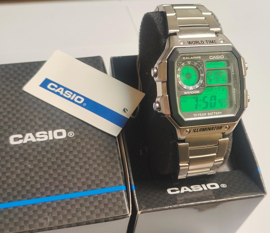 Casio AE-1200WHD Full Metal Case Body World Time Illuminator Green Mod ...