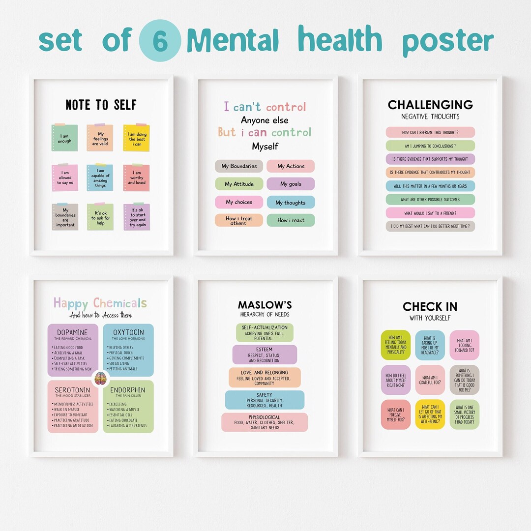 Set of 6 Mental Health Poster, Therapy Office Decor, Note to Self ...