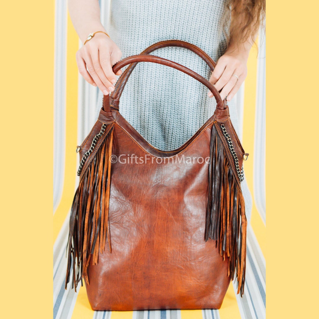 Fringe Leather Bag, Leather Handbag Tasseled, Leather Tote Bag With ...