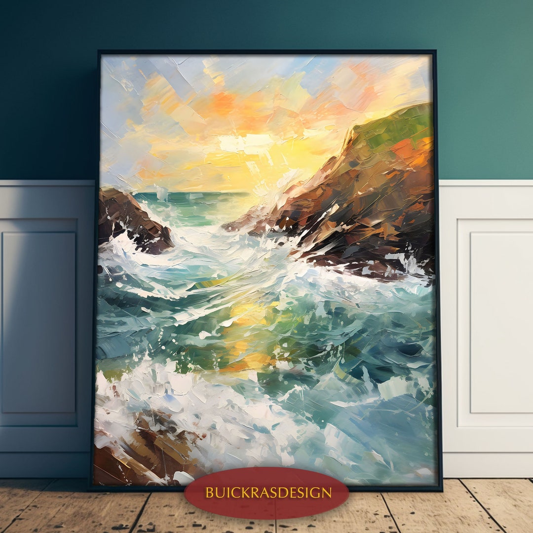 English Coastal Rockpool ART PRINT Tide Waves Crashing Against Rocks ...