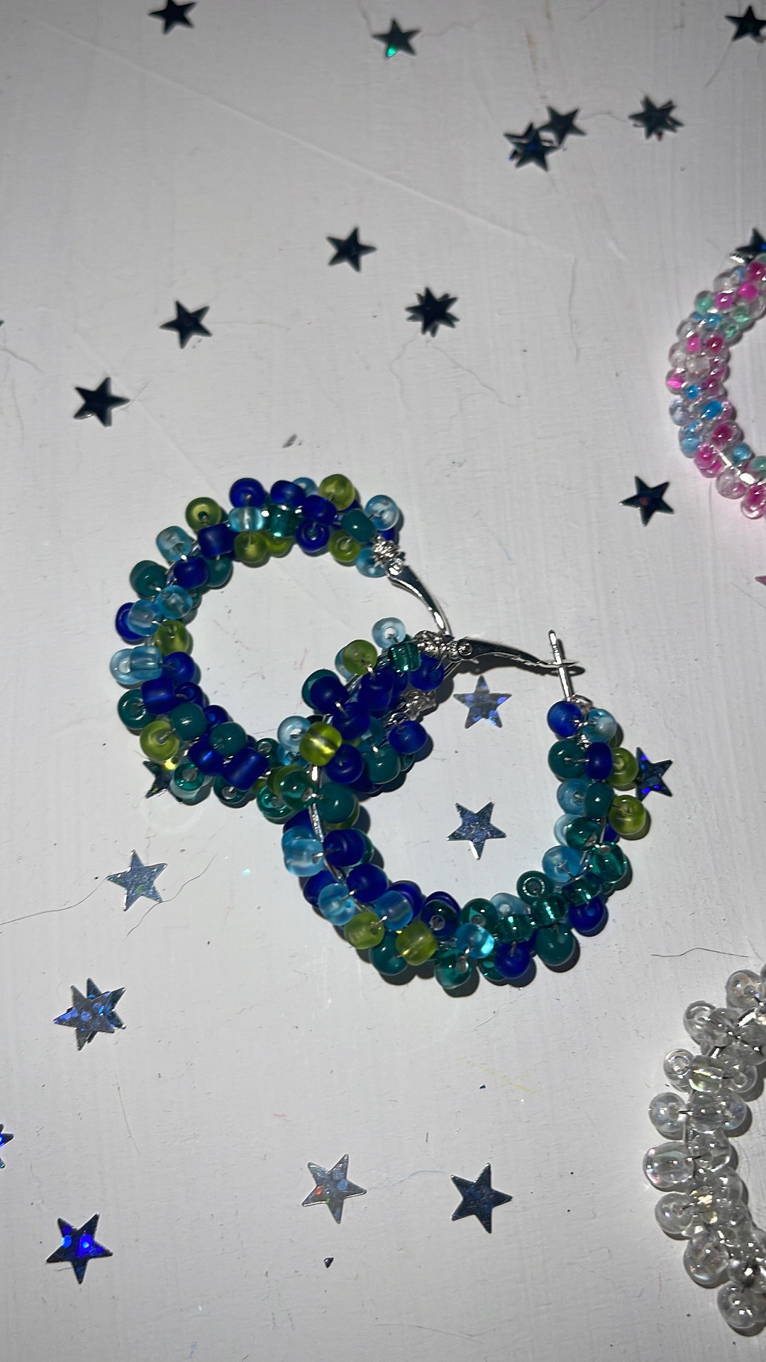 Katherine Beaded Hoop Earring in Sea Glass, Seed Bead Earrings ...