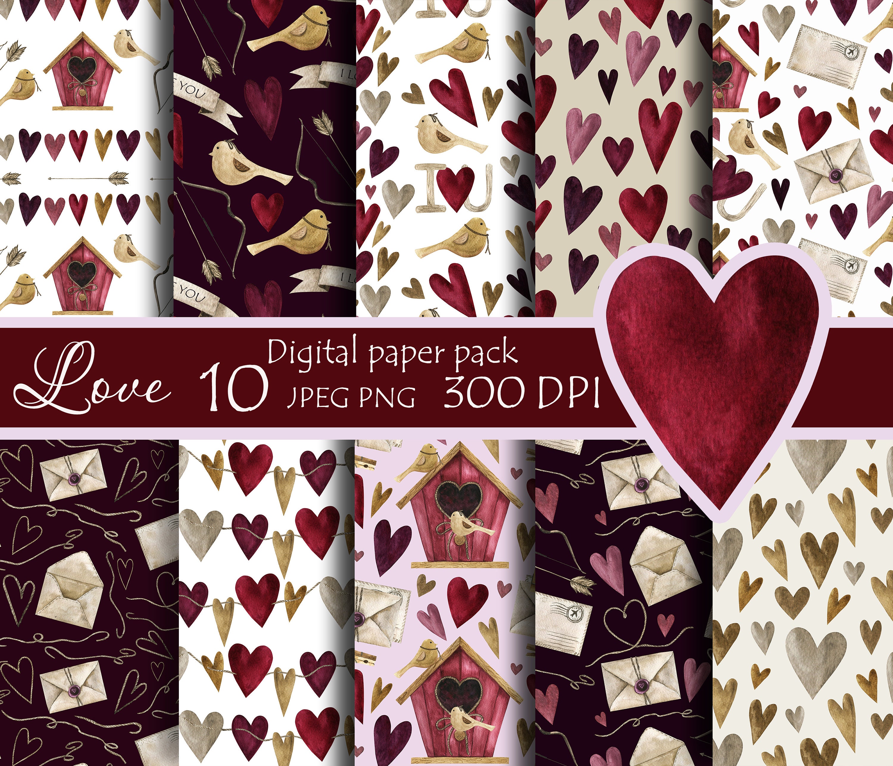 Valentine design digital paper romantic watercolor digital | Etsy