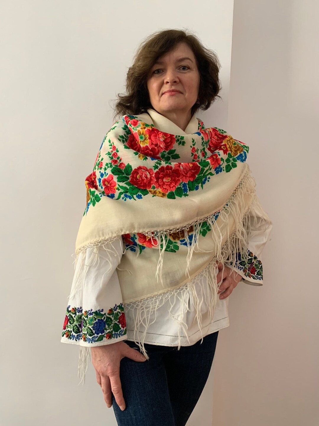 Ukraine Vintage Shawl Ukrainian White Scarf Floral Ukraine Wool Scarf ...