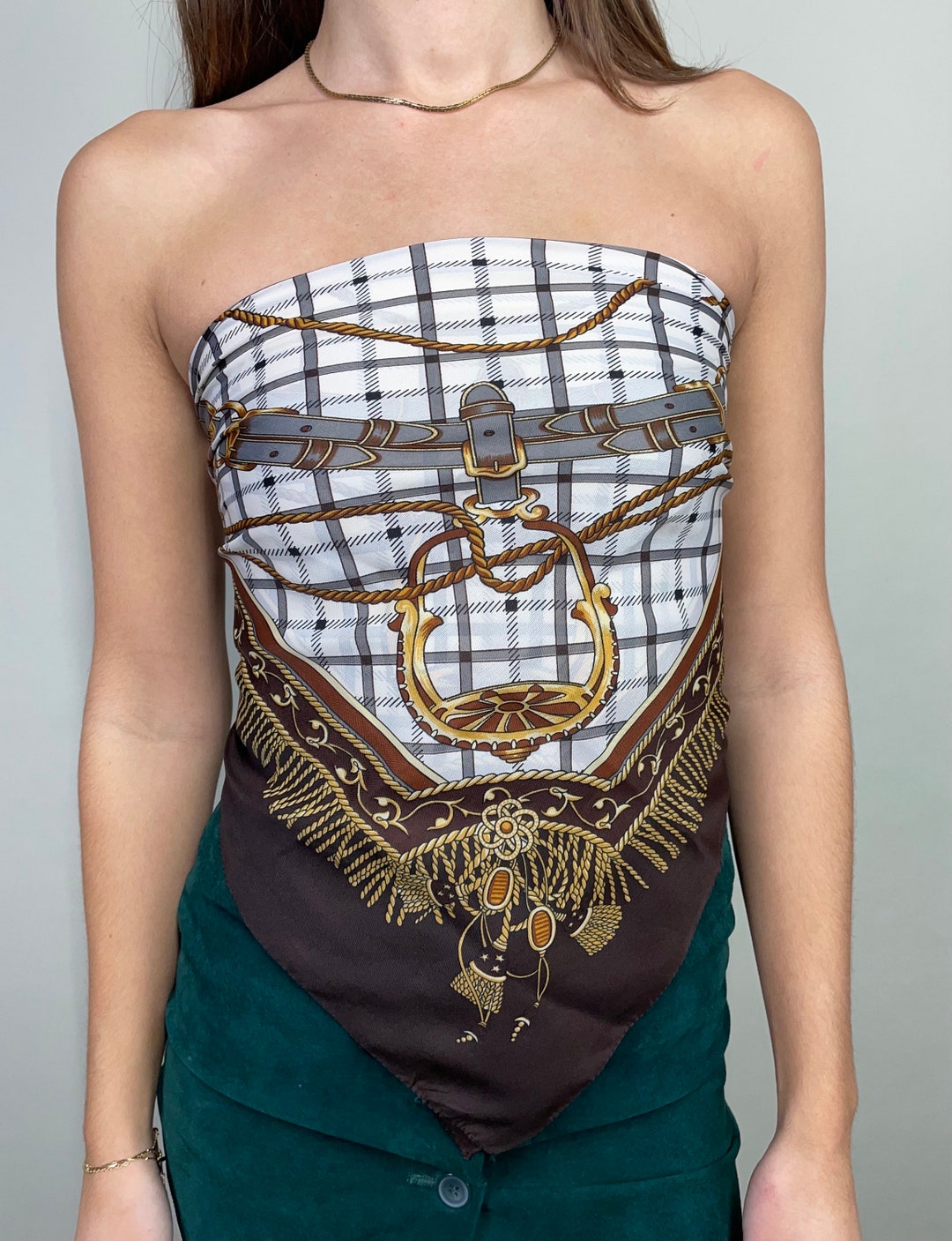 Vintage Square Fashion Scarf With Buckle, Rope, & Fringe Print in Brown ...