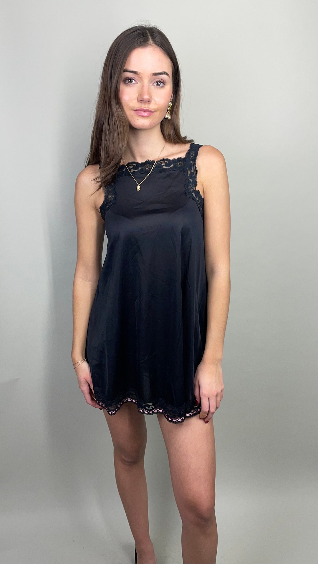 Two Piece Vintage Black Mini Night Gown & Robe Set Trimmed in Pink - Etsy