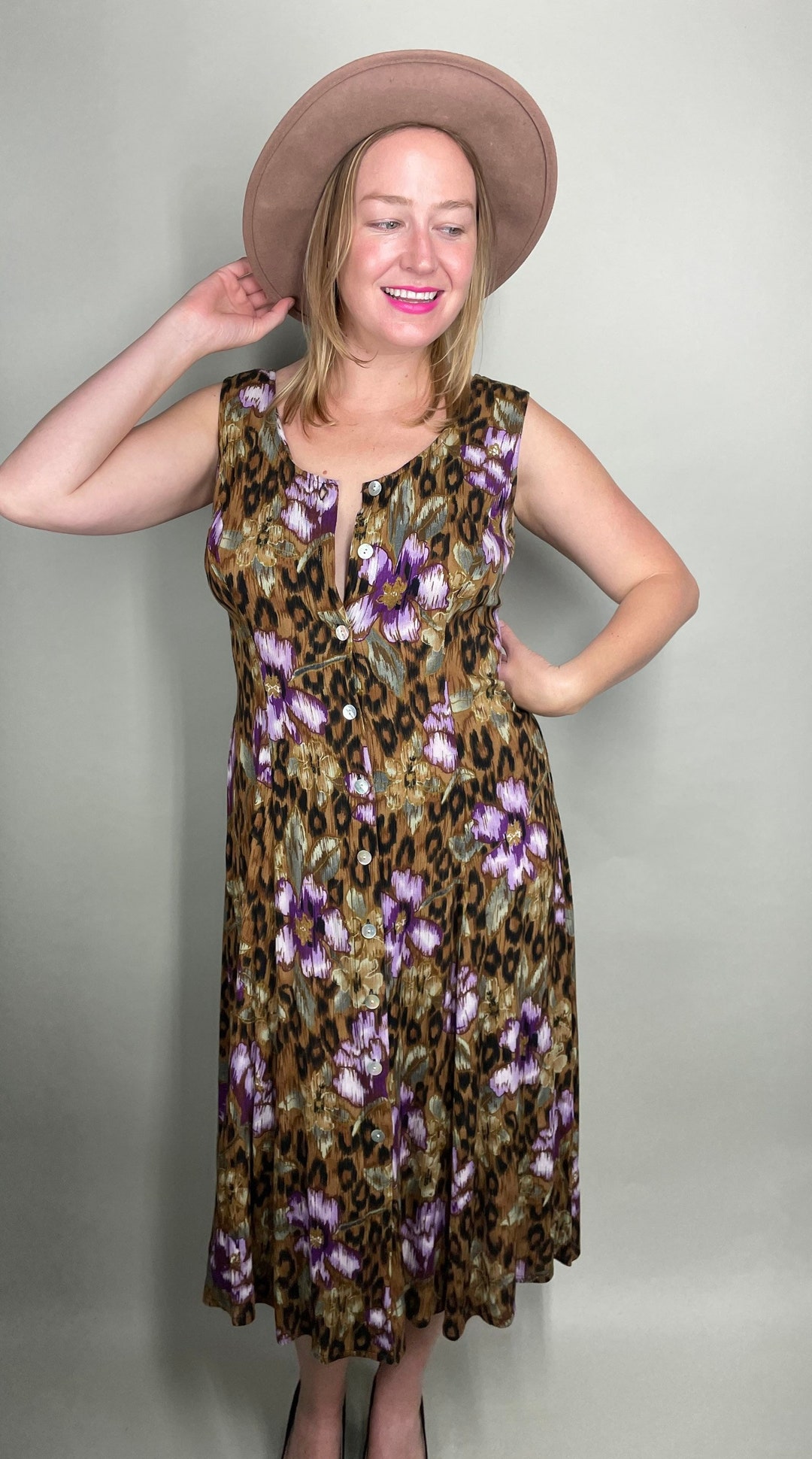 90’s Brown & Purple Leopard and Floral Midi Button up Sundress by ...