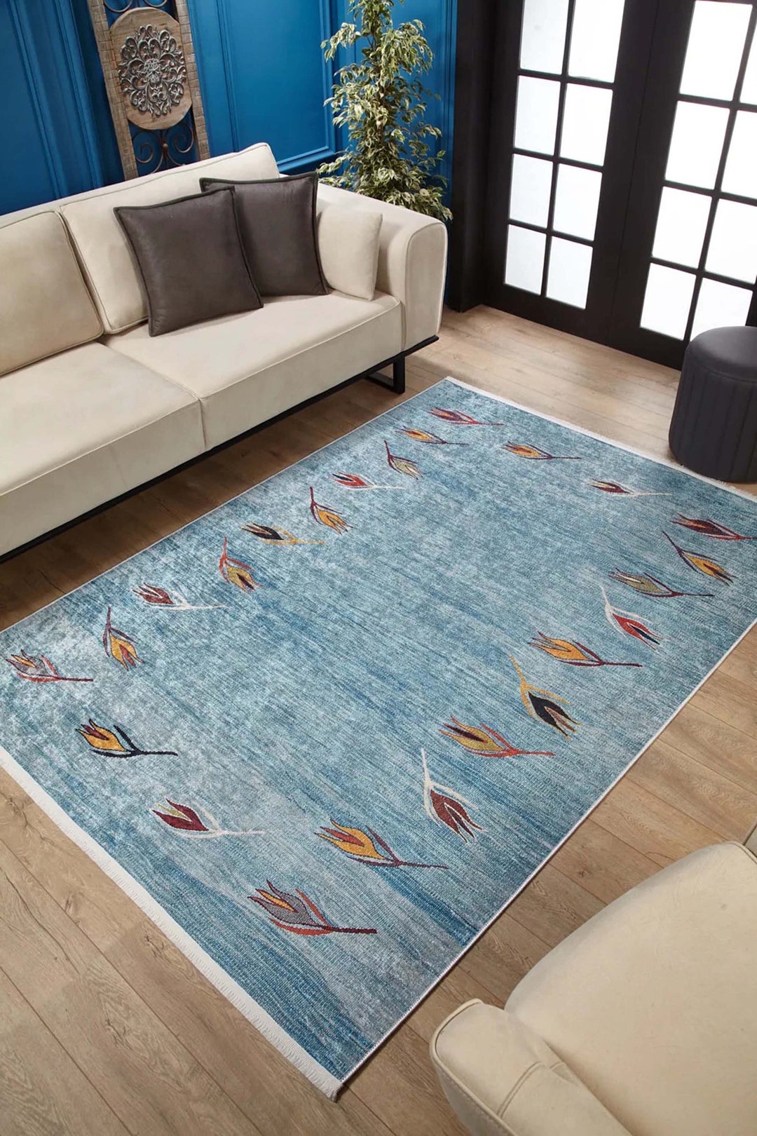 Tulip Flower Modren Rug, Turkish Style Blue Rug, Contemporary Modern ...