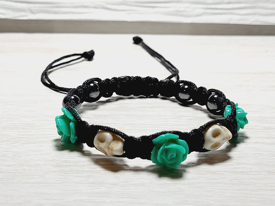 Skeleton Skull With Teal Rose | Woven Bracelet | Adjustable - Fits Most ...