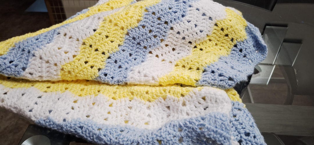 Baby Blanket | Baby Blue - Soft Yellow - White Acrylic Yarn | Handmade ...