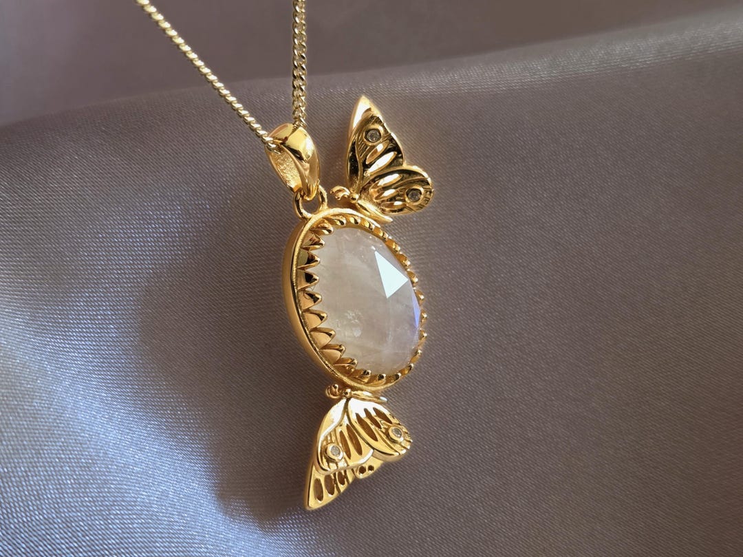 18k Gold Asymmetric Butterfly Pendant - Moonstone Jewelry - Butterfly ...
