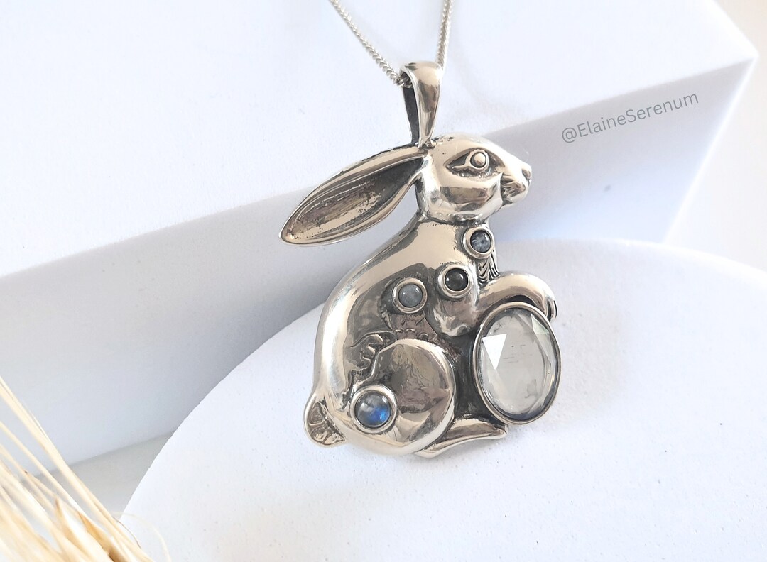 925 Sterling Silver Bunny Pendant - Natural Moonstone Jewelry - Cute ...