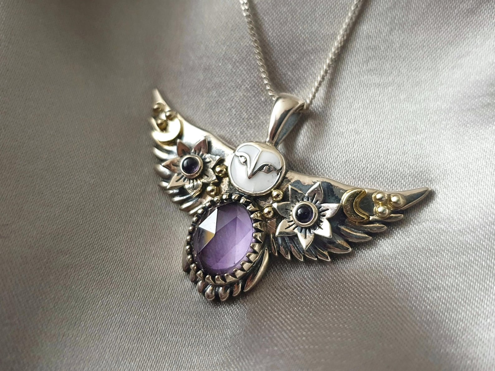 Silver and 18K Gold Owl Pendant - Natural Moonstone Jewelry - Owl ...