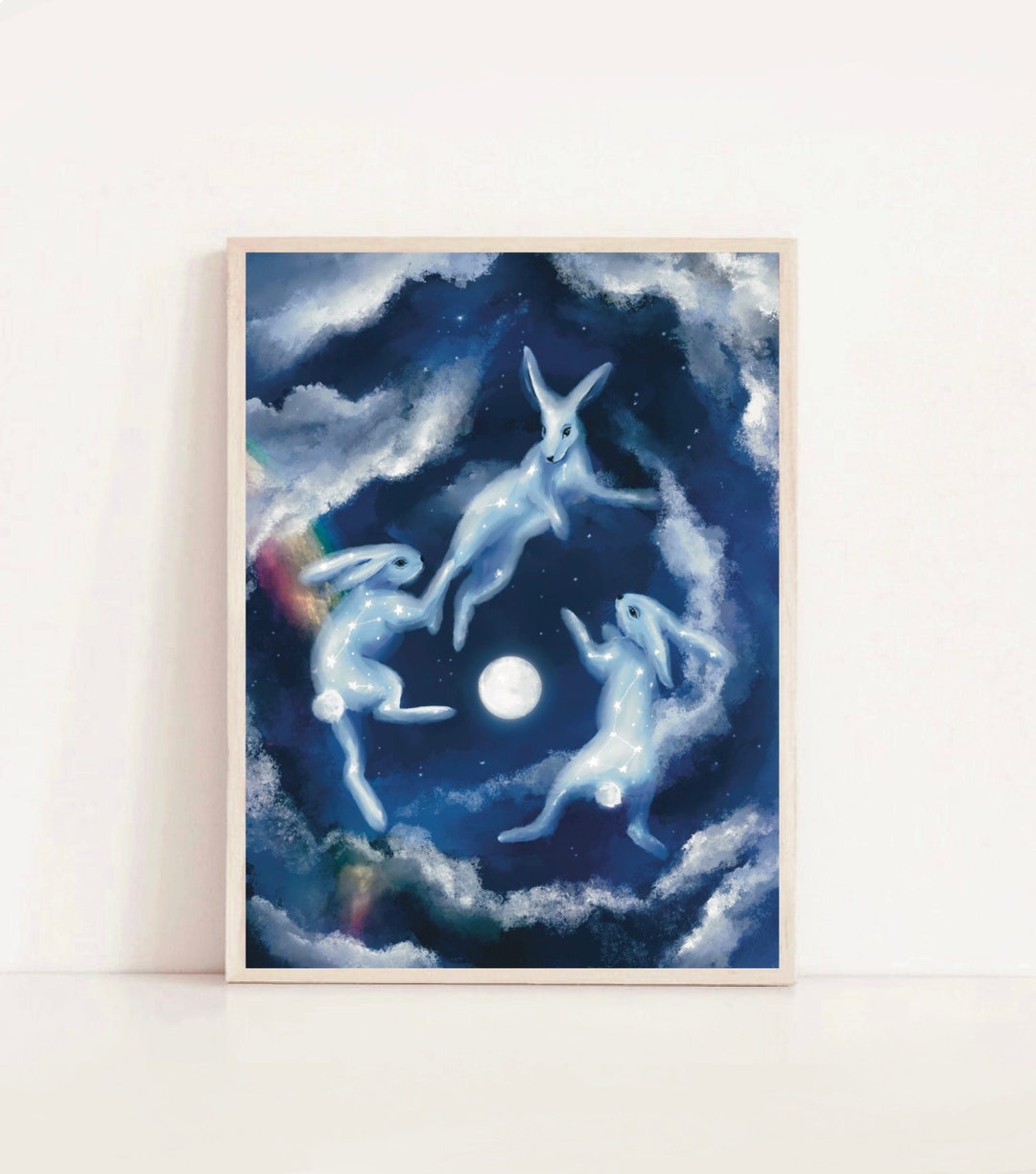 A4 Cute Hare Night Art Print | Blue Dreamy Art Print | Dancing Hares ...