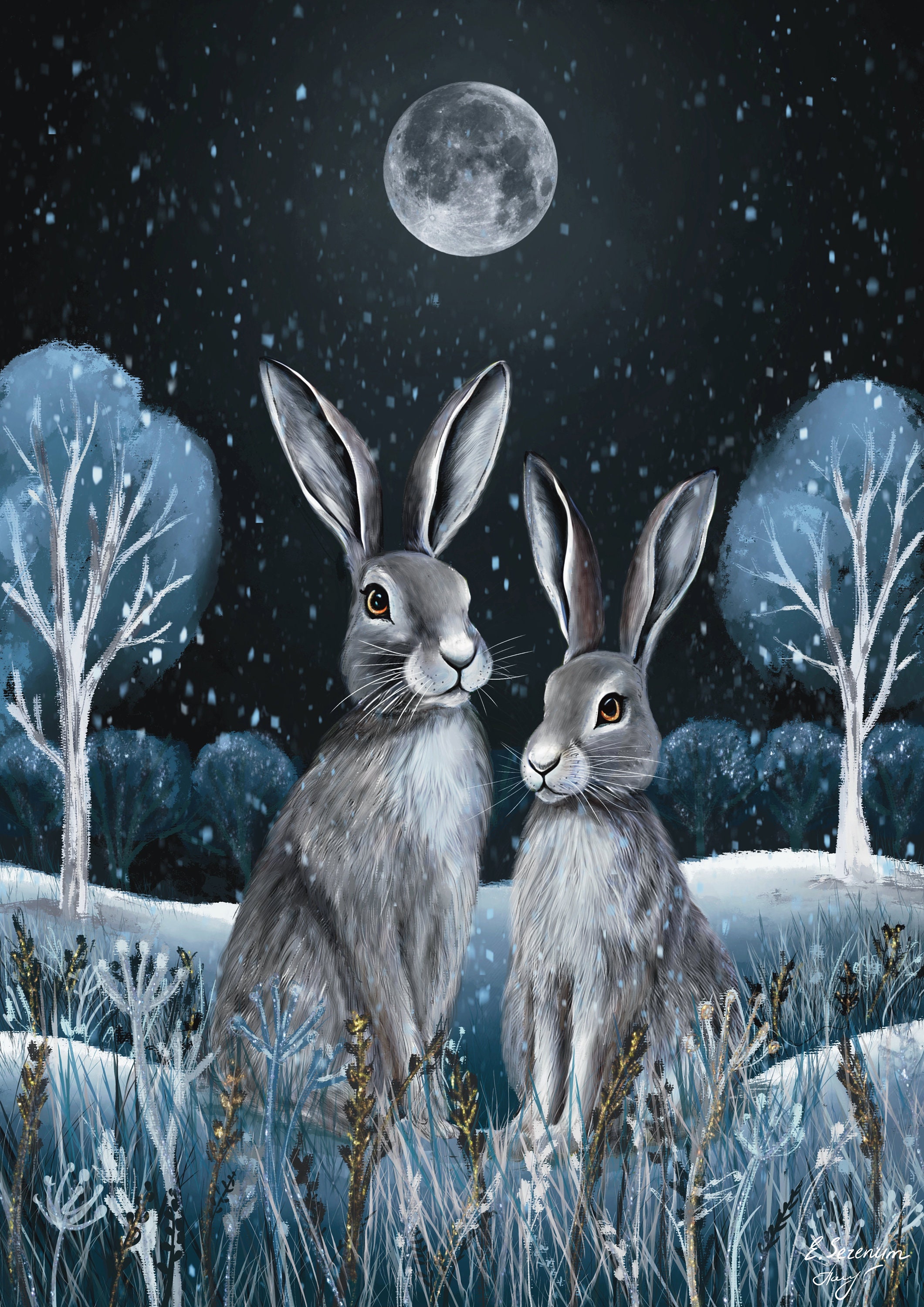 A4 A5 Midnight Hare Couple Art Print - Bunny Art Print - Whimsical ...
