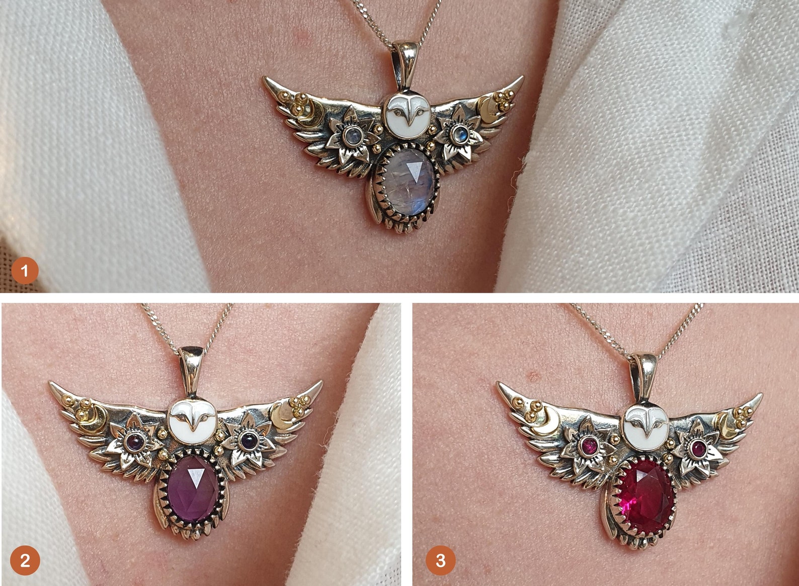 Silver and 18K Gold Owl Pendant - Natural Gemstone Jewelry - Owl ...